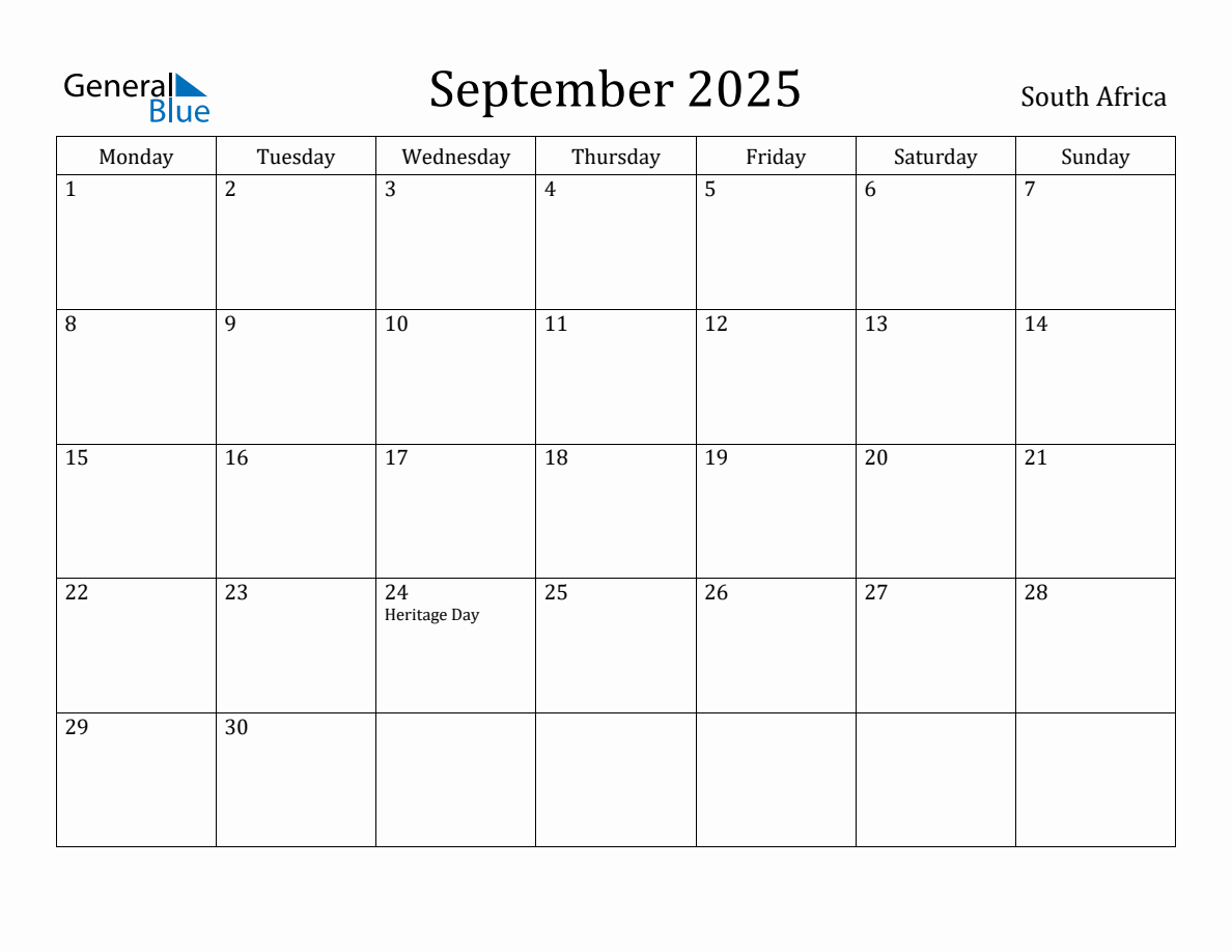 September 2025 Monthly Calendar with South Africa Holidays (Monday Start)
