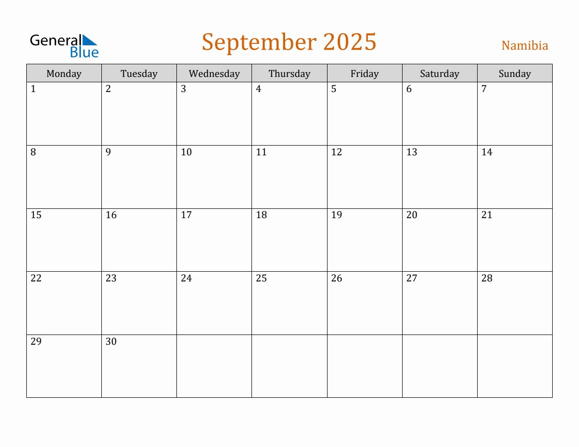 Free September 2025 Namibia Calendar (Monday Start)
