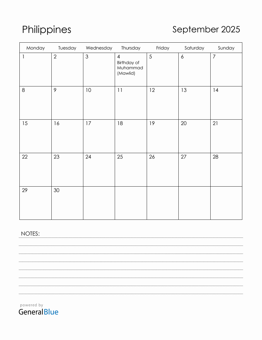 September 2025 Philippines Calendar with Holidays (Monday Start)