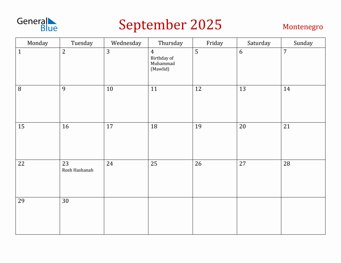 September 2025 Montenegro Monthly Calendar with Holidays (Monday Start)