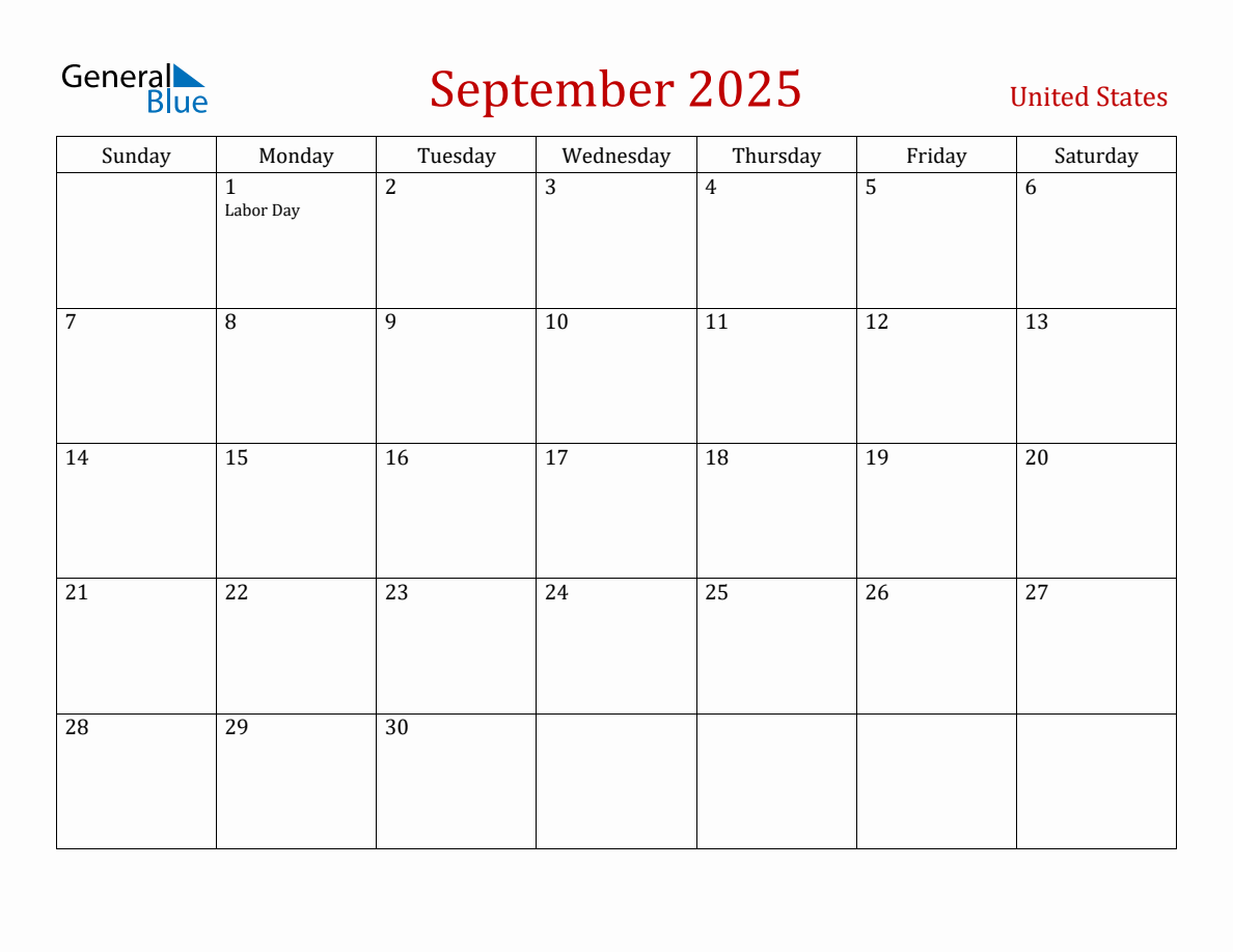 September 2025 United States Monthly Calendar with Holidays