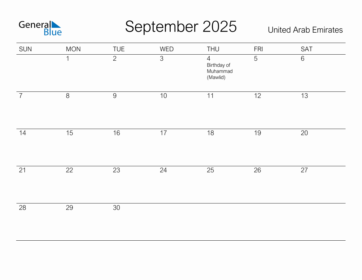 Printable September 2025 Monthly Calendar with Holidays for United Arab ...