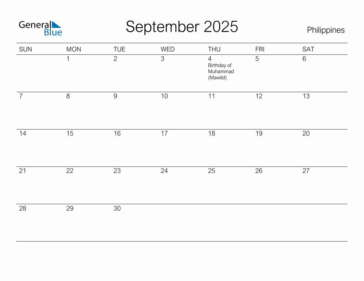 Printable September 2025 Monthly Calendar with Holidays for Philippines