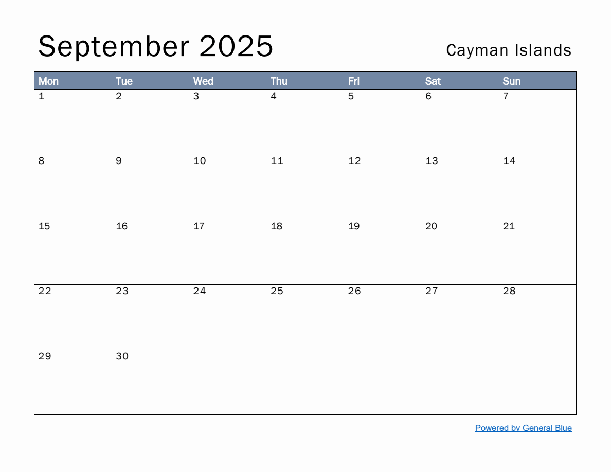 Free Monthly Calendar Template for September 2025 with Cayman Islands ...