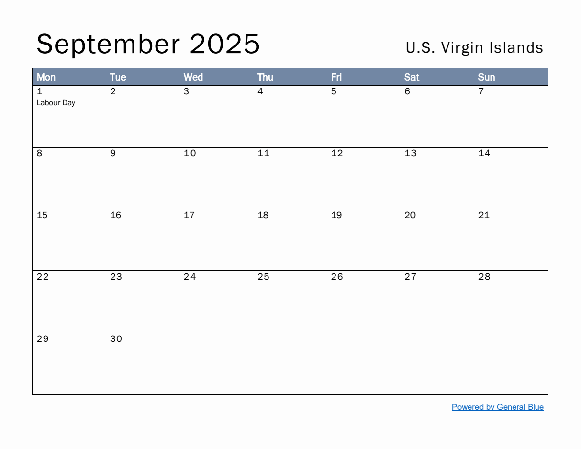 Free Monthly Calendar Template for September 2025 with U.S. Virgin ...