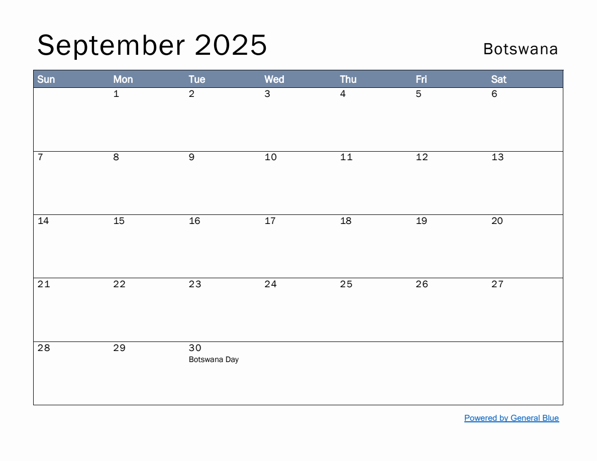 Free Monthly Calendar Template for September 2025 with Botswana Holidays