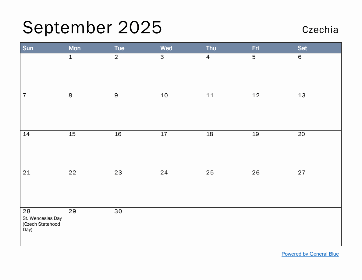 Free Monthly Calendar Template for September 2025 with Czechia Holidays
