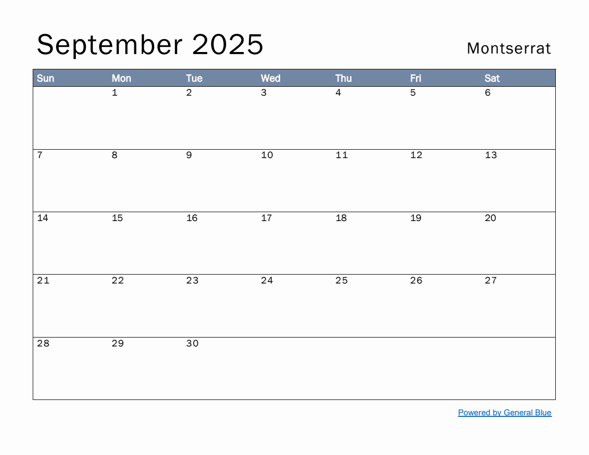 Free Monthly Calendar Template for September 2025 with Montserrat Holidays