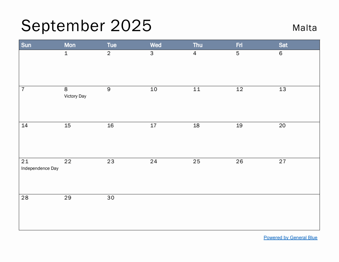 Free Monthly Calendar Template for September 2025 with Malta Holidays