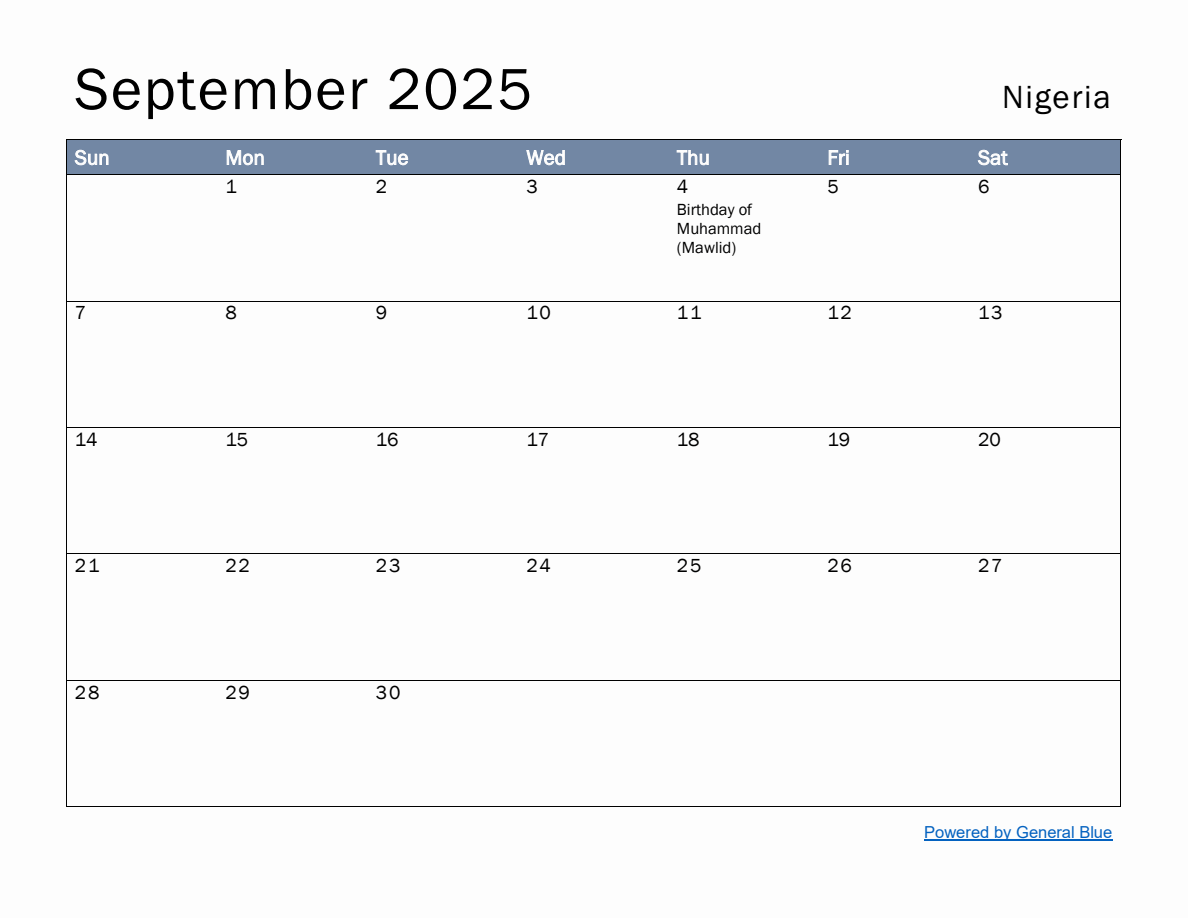 Free Monthly Calendar Template for September 2025 with Nigeria Holidays