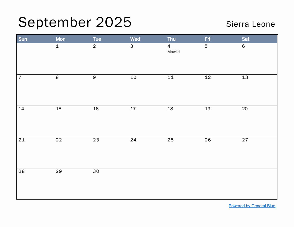 Free Monthly Calendar Template for September 2025 with Sierra Leone ...