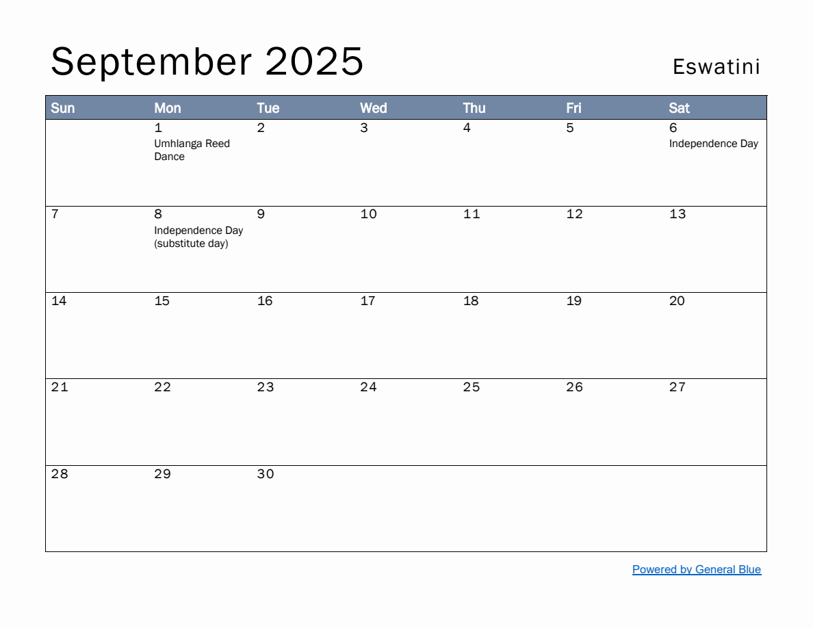 Free Monthly Calendar Template for September 2025 with Eswatini Holidays