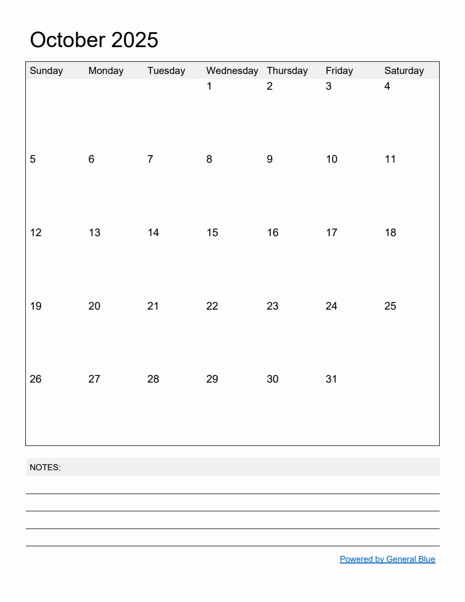 Free Printable Monthly Calendar for October 2025