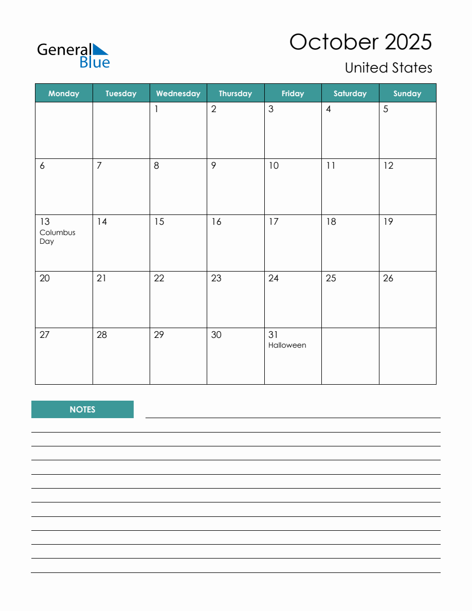 Monthly Planner with United States Holidays - October 2025 (Monday Start)