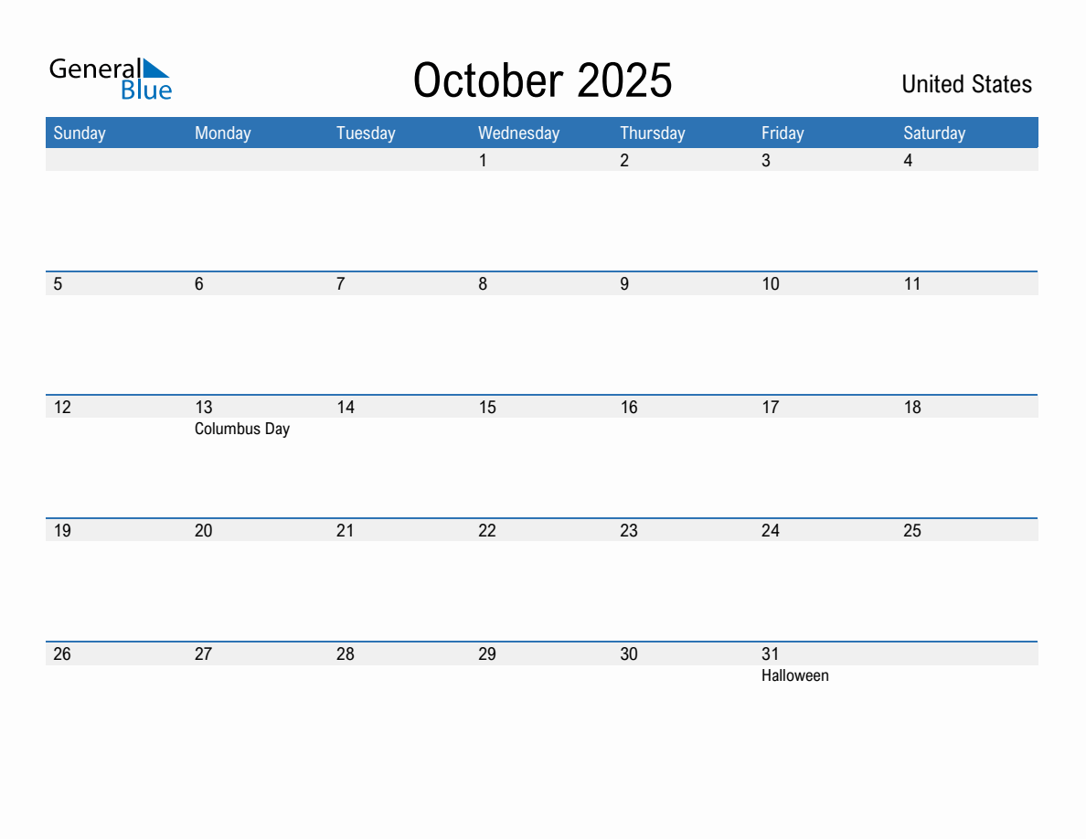 October 2025 Monthly Calendars with United States Holidays