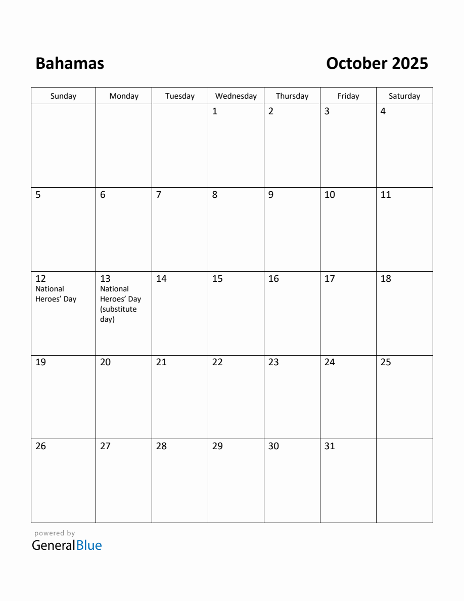 Free Printable October 2025 Calendar for Bahamas