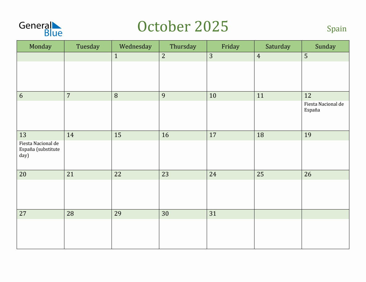 Fillable Holiday Calendar for Spain - October 2025 (Monday Start)