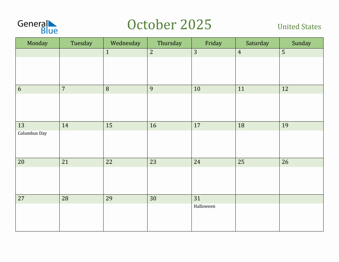 Fillable Holiday Calendar for United States - October 2025 (Monday Start)