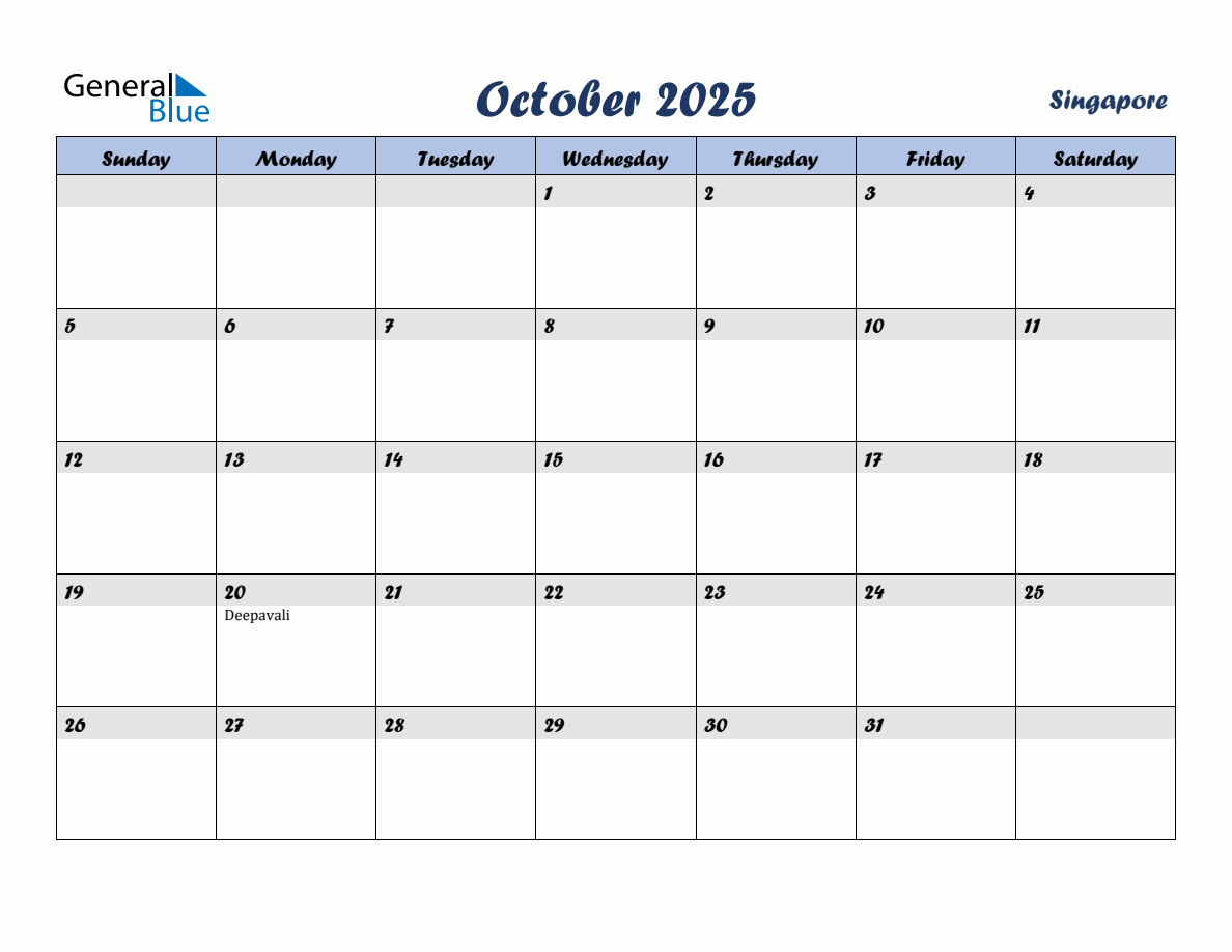 October 2025 Monthly Calendar Template with Holidays for Singapore