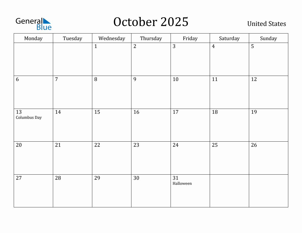 October 2025 Monthly Calendar with United States Holidays (Monday Start)