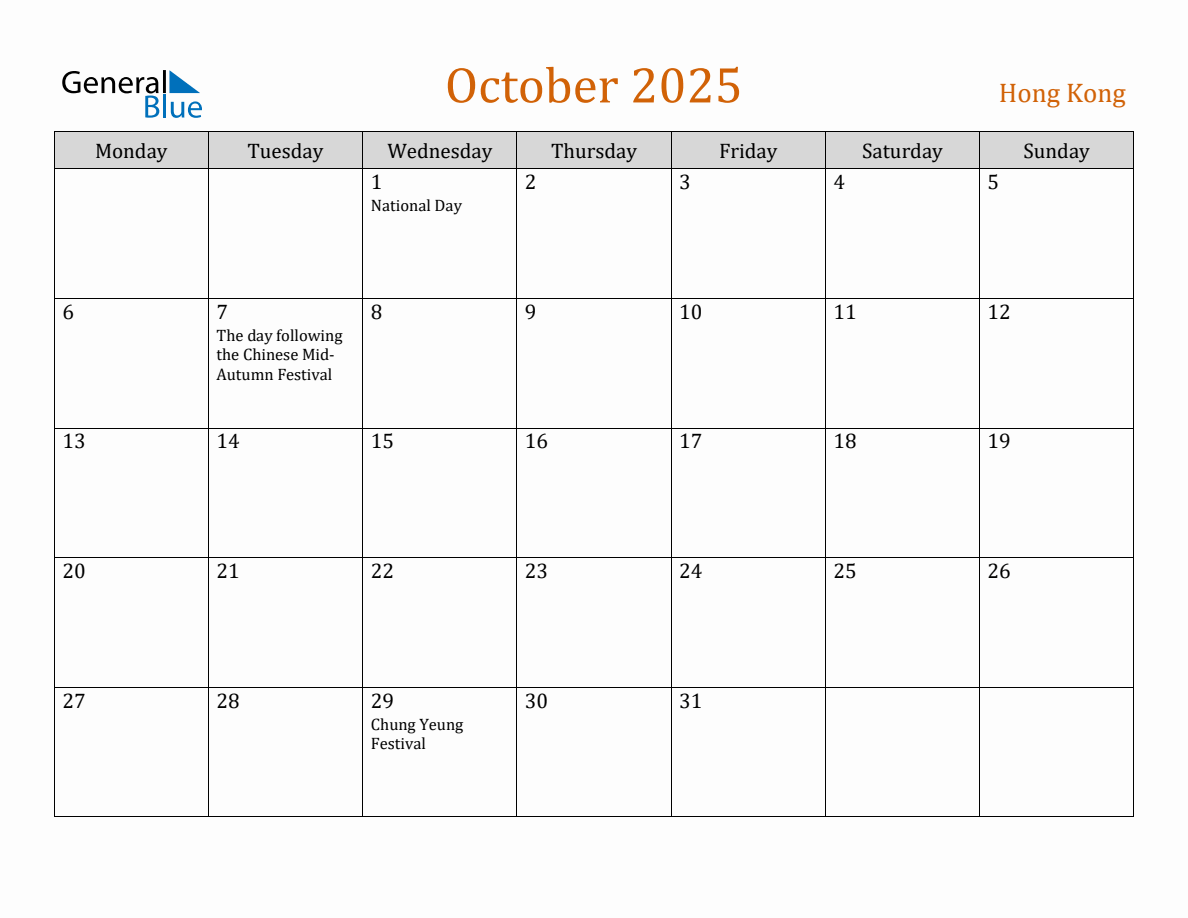 Free October 2025 Hong Kong Calendar (Monday Start)