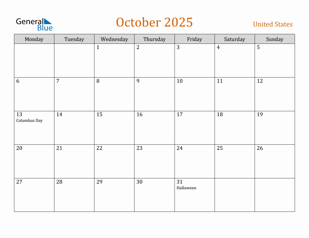 Free October 2025 United States Calendar (Monday Start)
