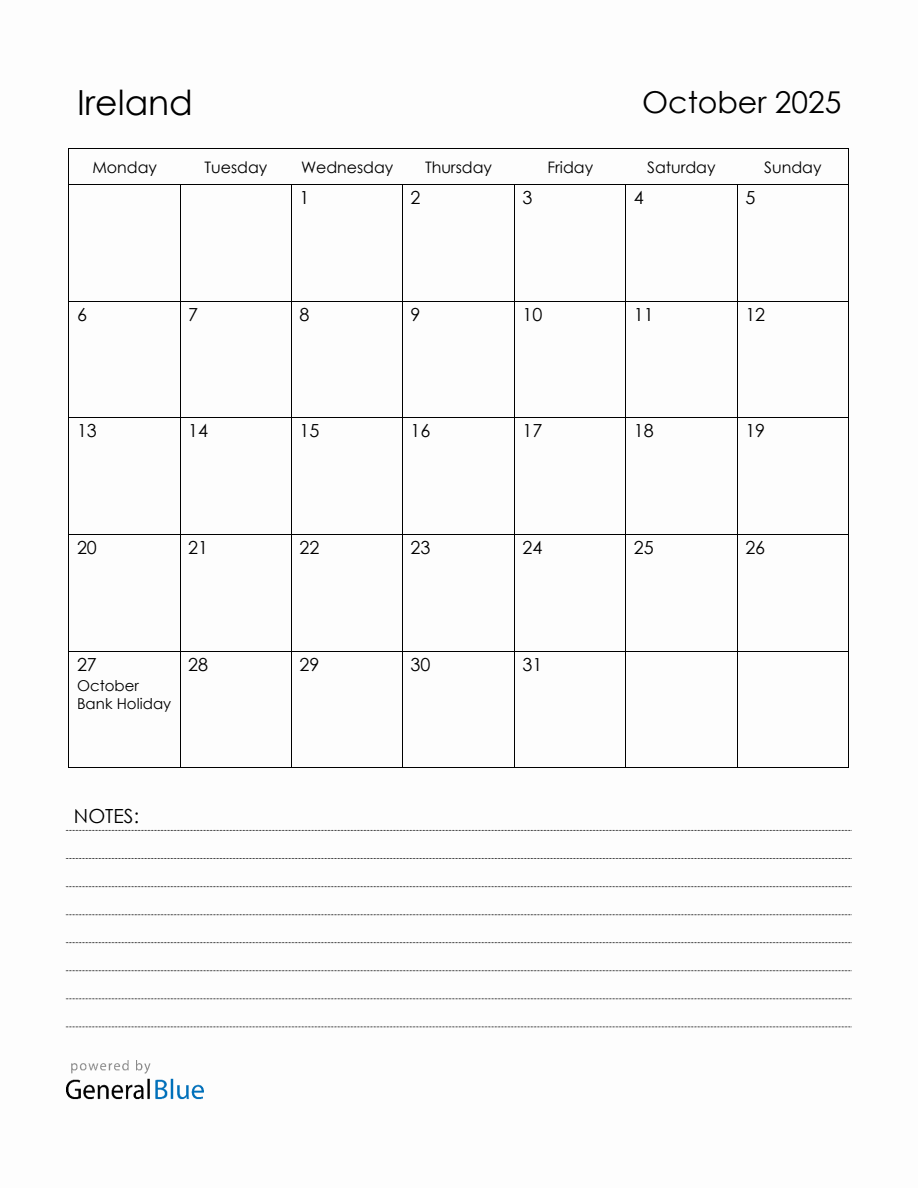 October 2025 Ireland Calendar with Holidays (Monday Start)