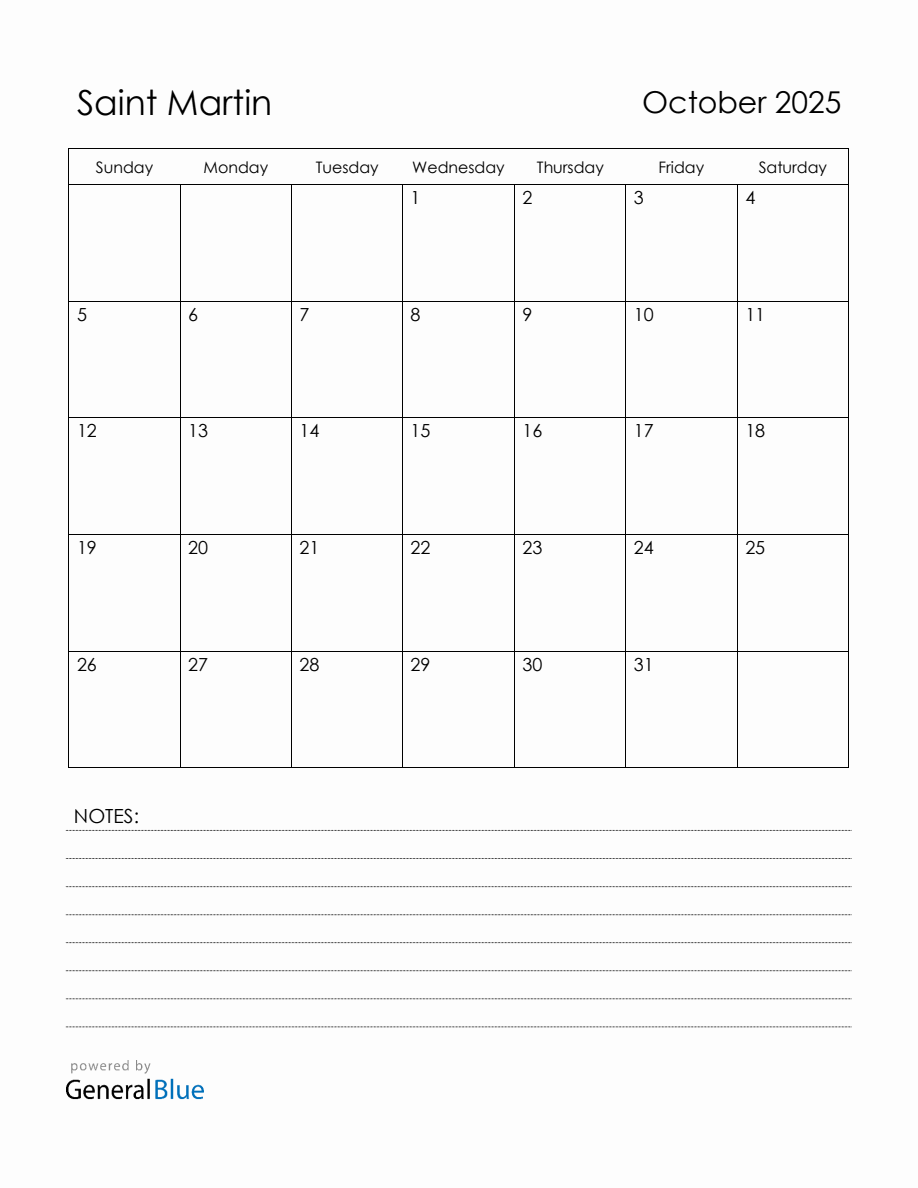 October 2025 Saint Martin Calendar with Holidays