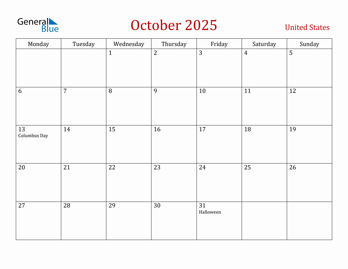 October 2025 United States Monthly Calendar with Holidays (Monday Start)