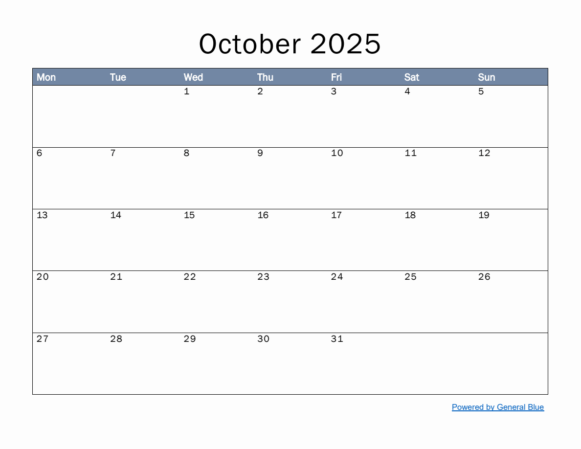 Monthly Calendar Template for October 2025 - Monday Start