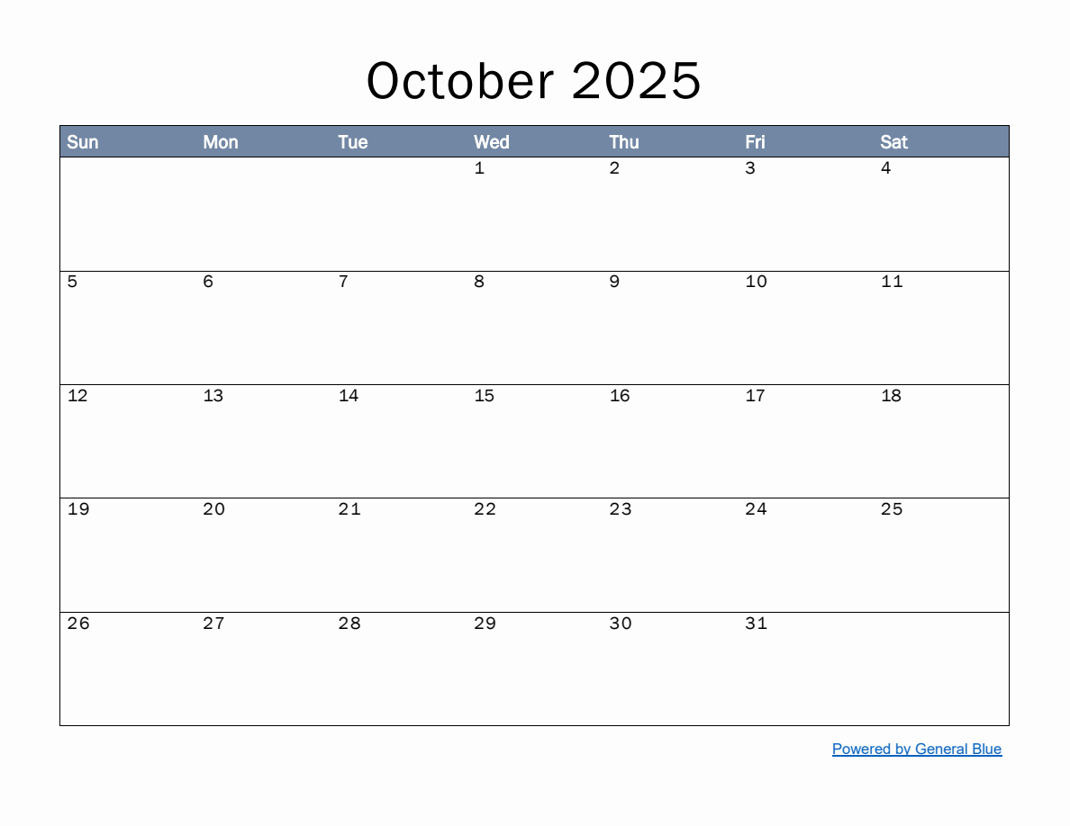 Monthly Calendar Template for October 2025
