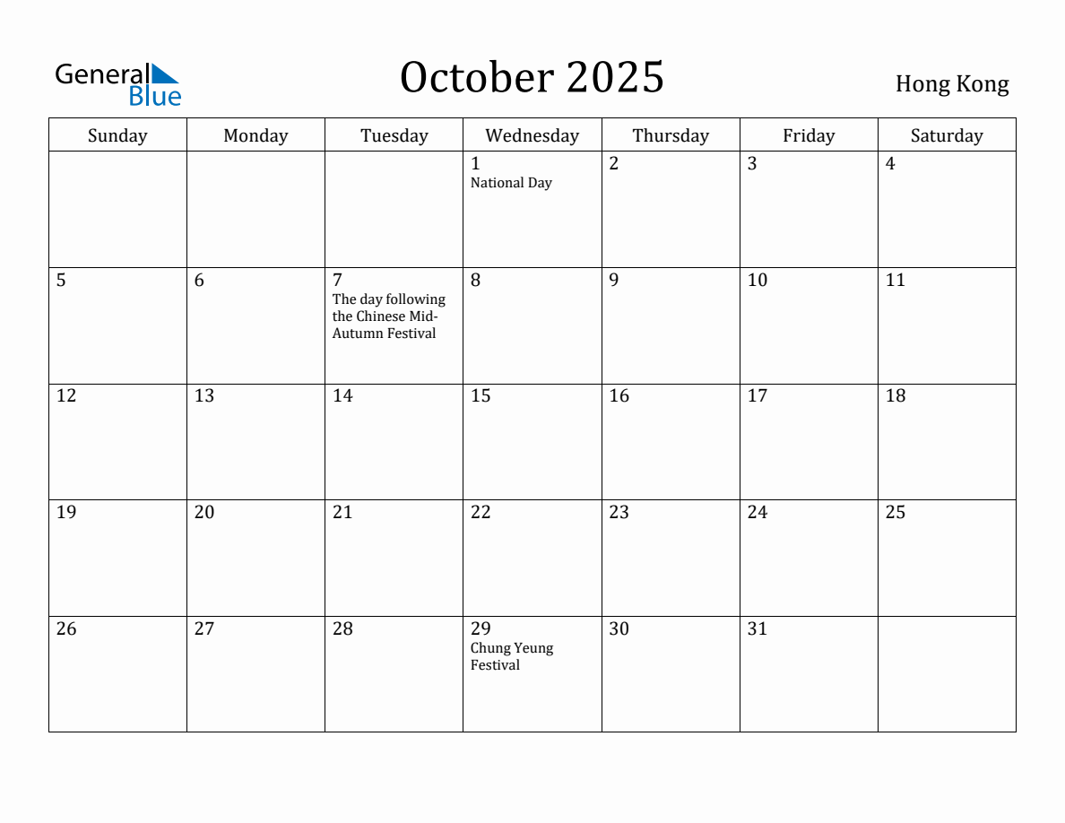 October 2025 Monthly Calendar with Hong Kong Holidays