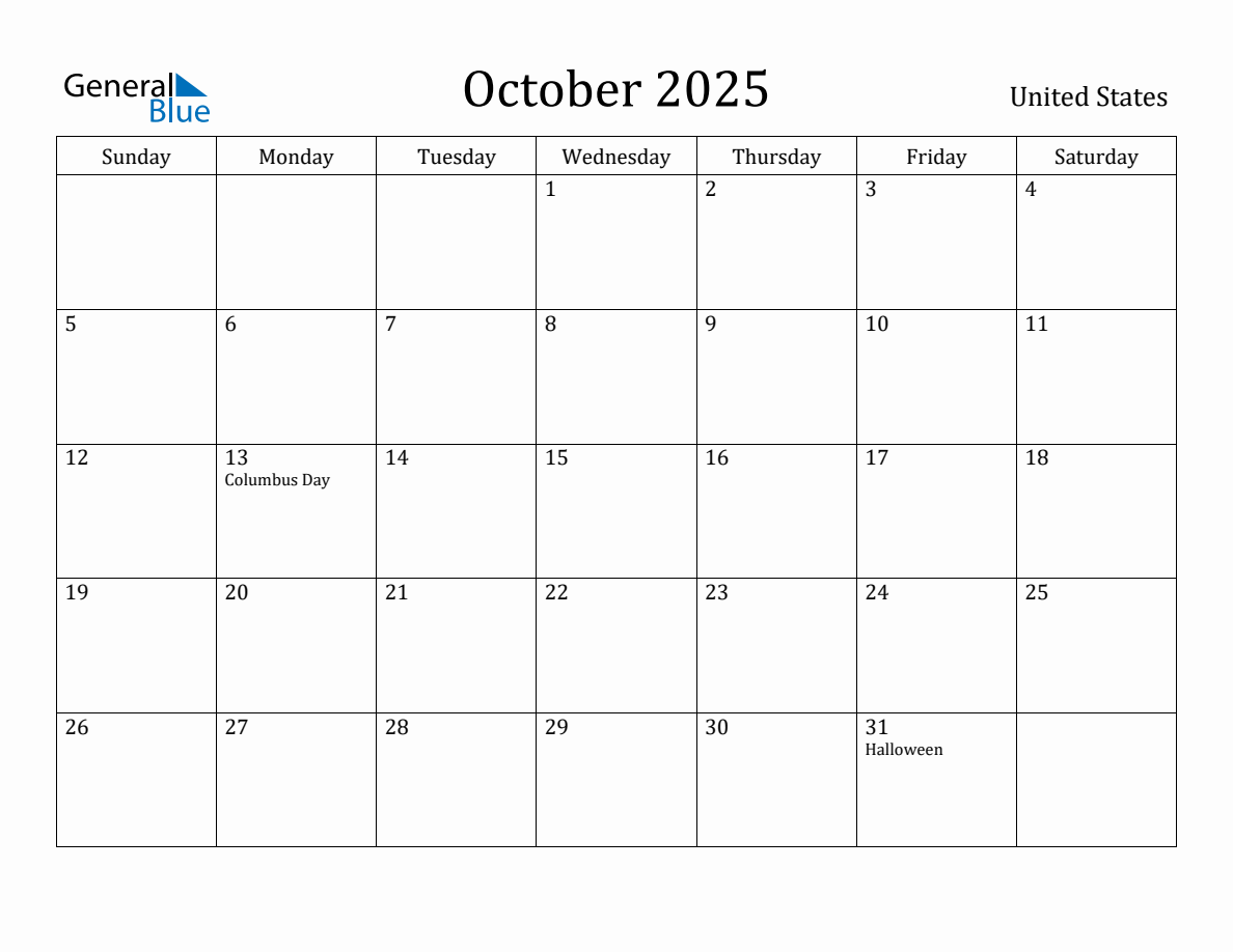 October 2025 Monthly Calendar with United States Holidays