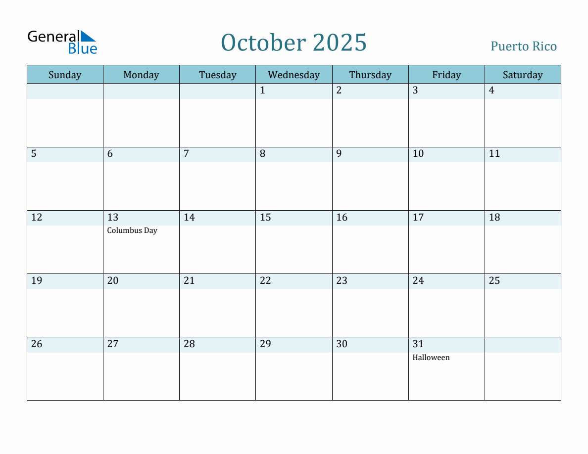 Puerto Rico Holiday Calendar for October 2025