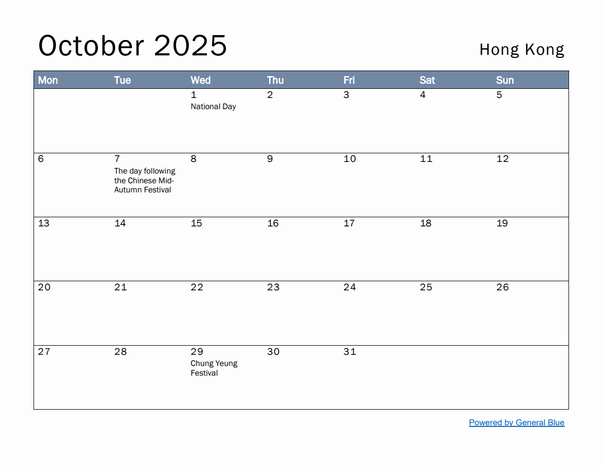 Free Monthly Calendar Template for October 2025 with Hong Kong Holidays ...