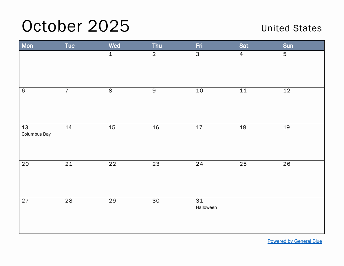 Free Monthly Calendar Template for October 2025 with United States ...