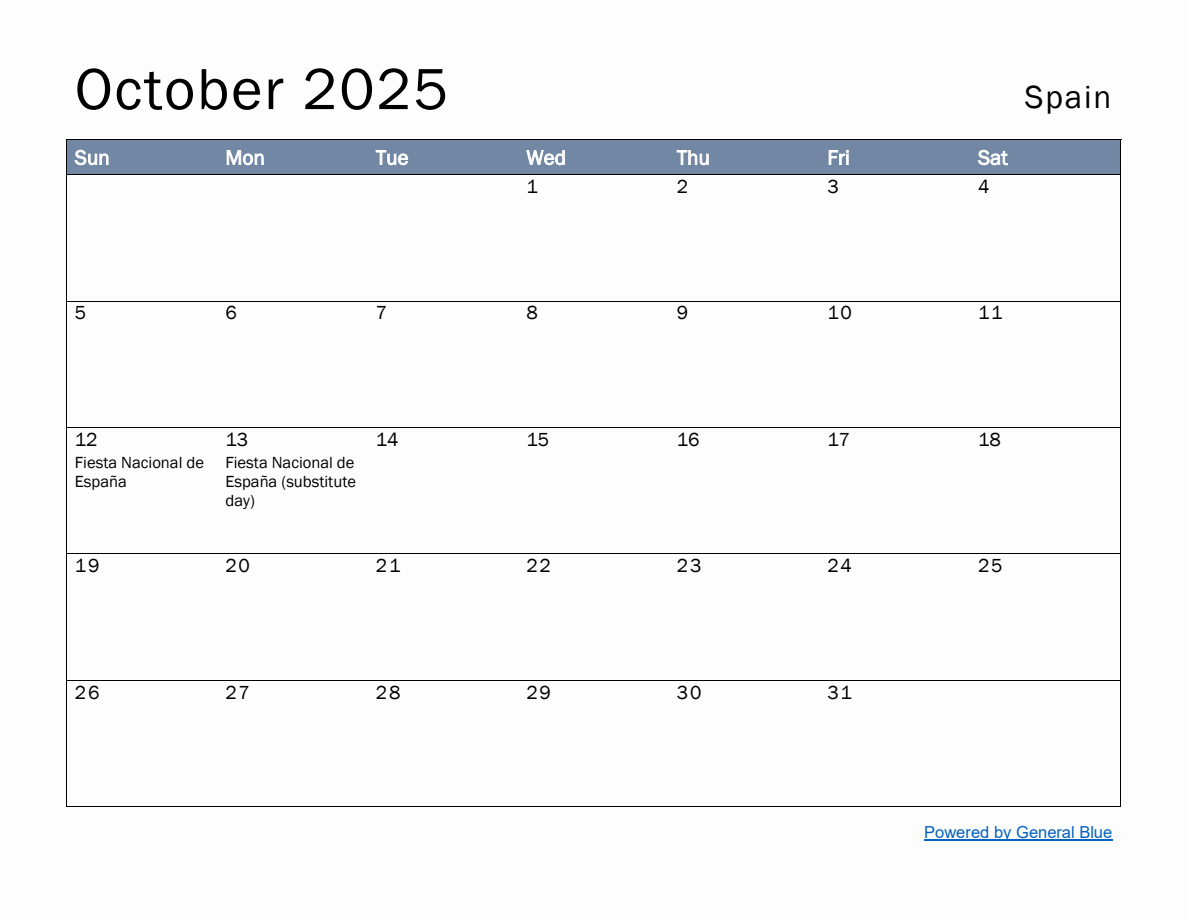 Free Monthly Calendar Template for October 2025 with Spain Holidays