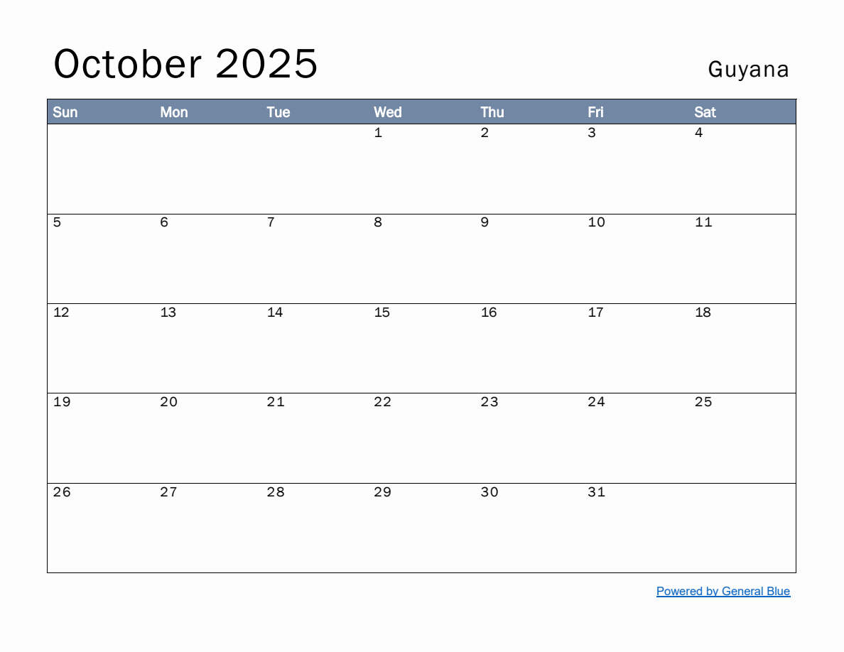 Free Monthly Calendar Template for October 2025 with Guyana Holidays