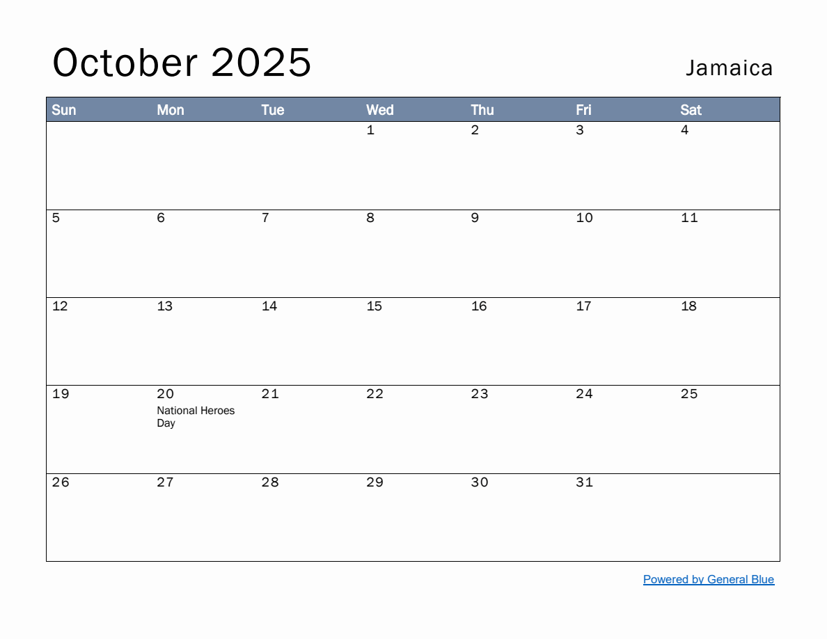 Free Monthly Calendar Template for October 2025 with Jamaica Holidays