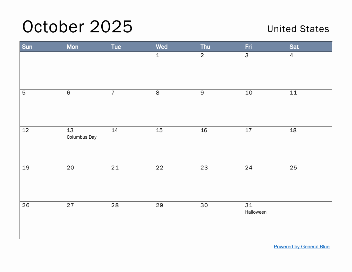 Free Monthly Calendar Template for October 2025 with United States Holidays