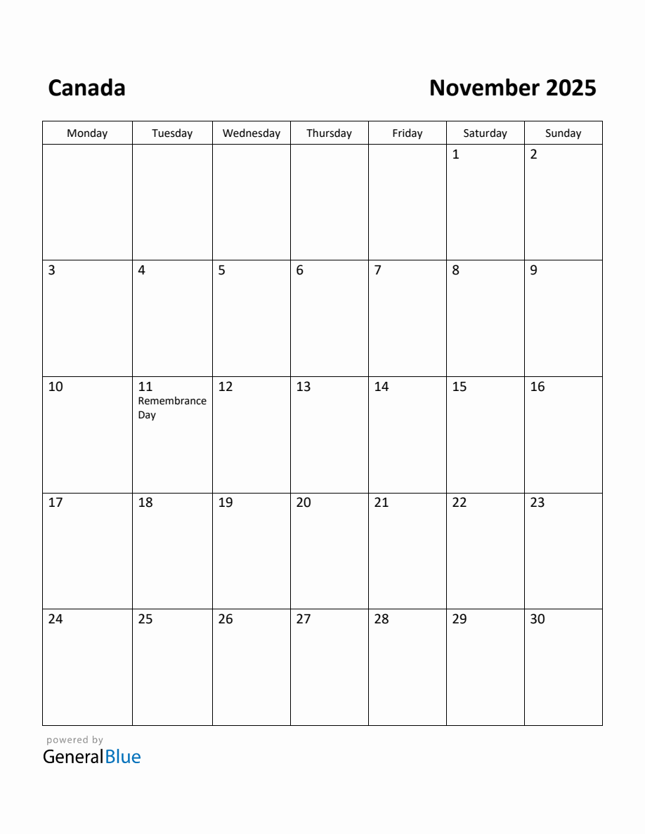Free Printable November 2025 Calendar for Canada (Monday Start)