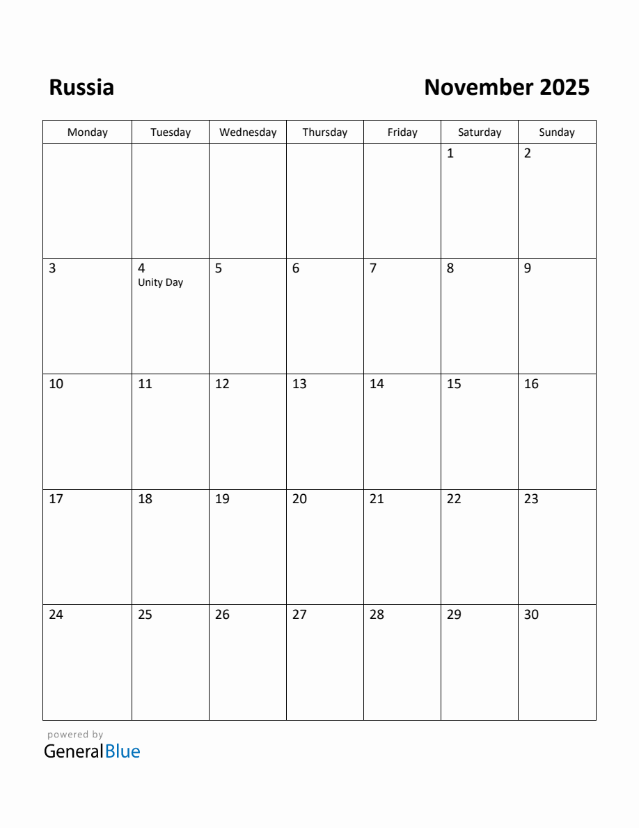 Free Printable November 2025 Calendar for Russia (Monday Start)