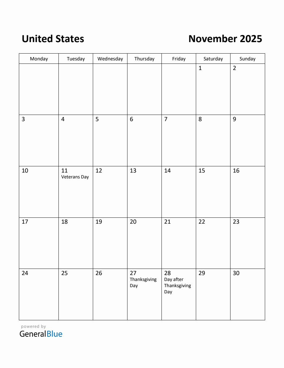 Free Printable November 2025 Calendar for United States (Monday Start)