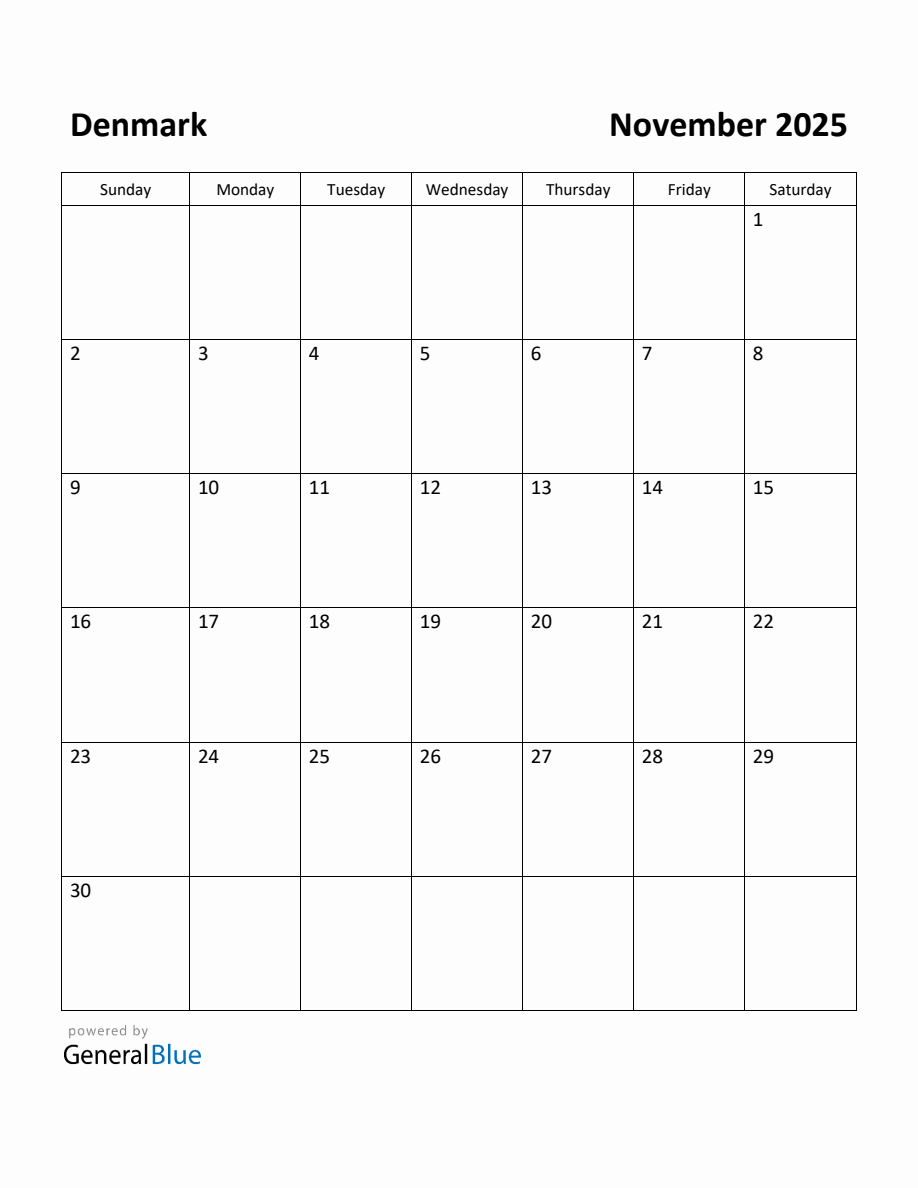 Free Printable November 2025 Calendar for Denmark