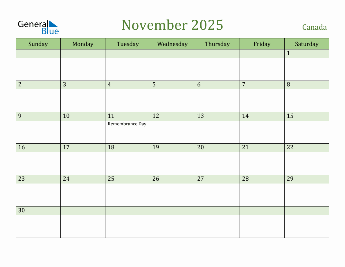 Fillable Holiday Calendar for Canada - November 2025