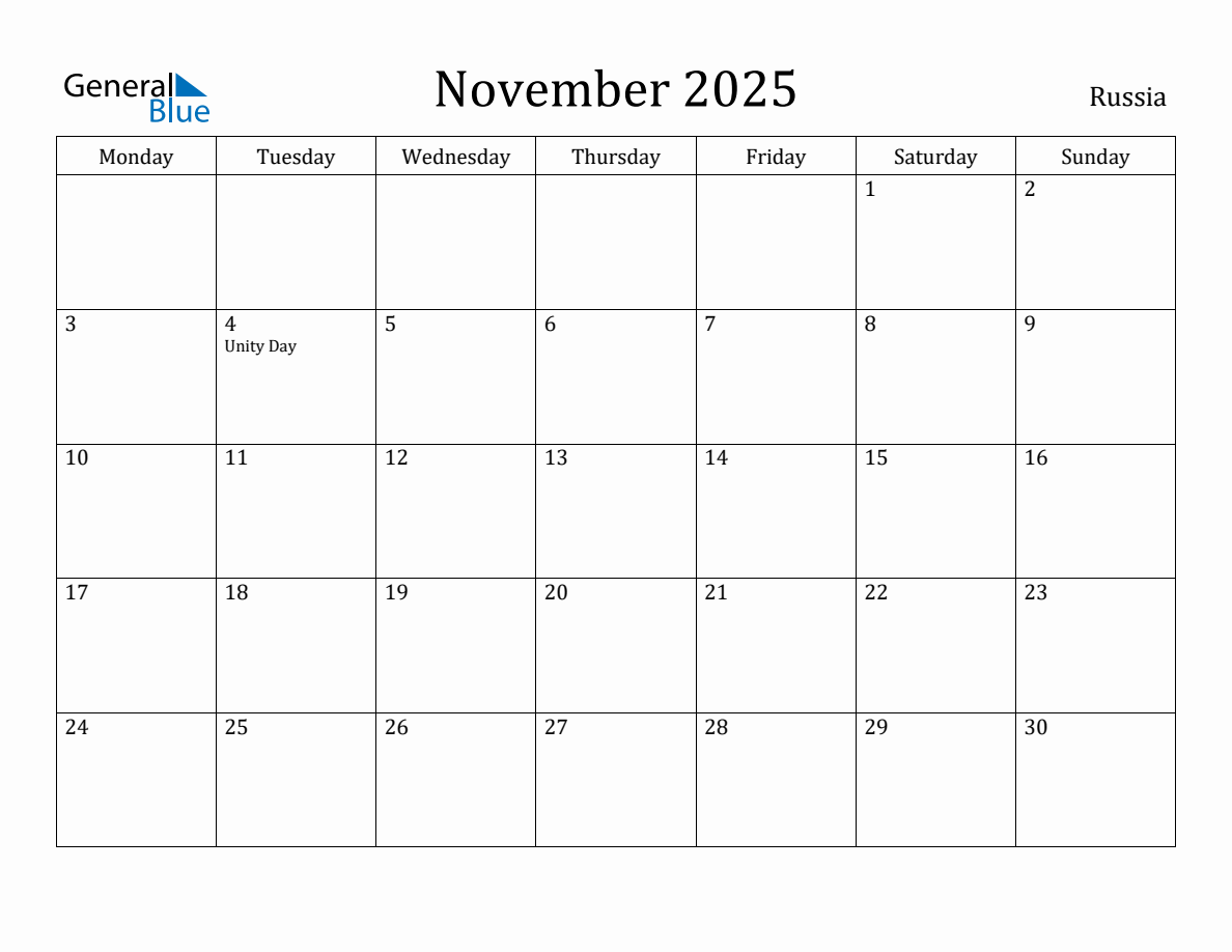 November 2025 Monthly Calendar with Russia Holidays (Monday Start)
