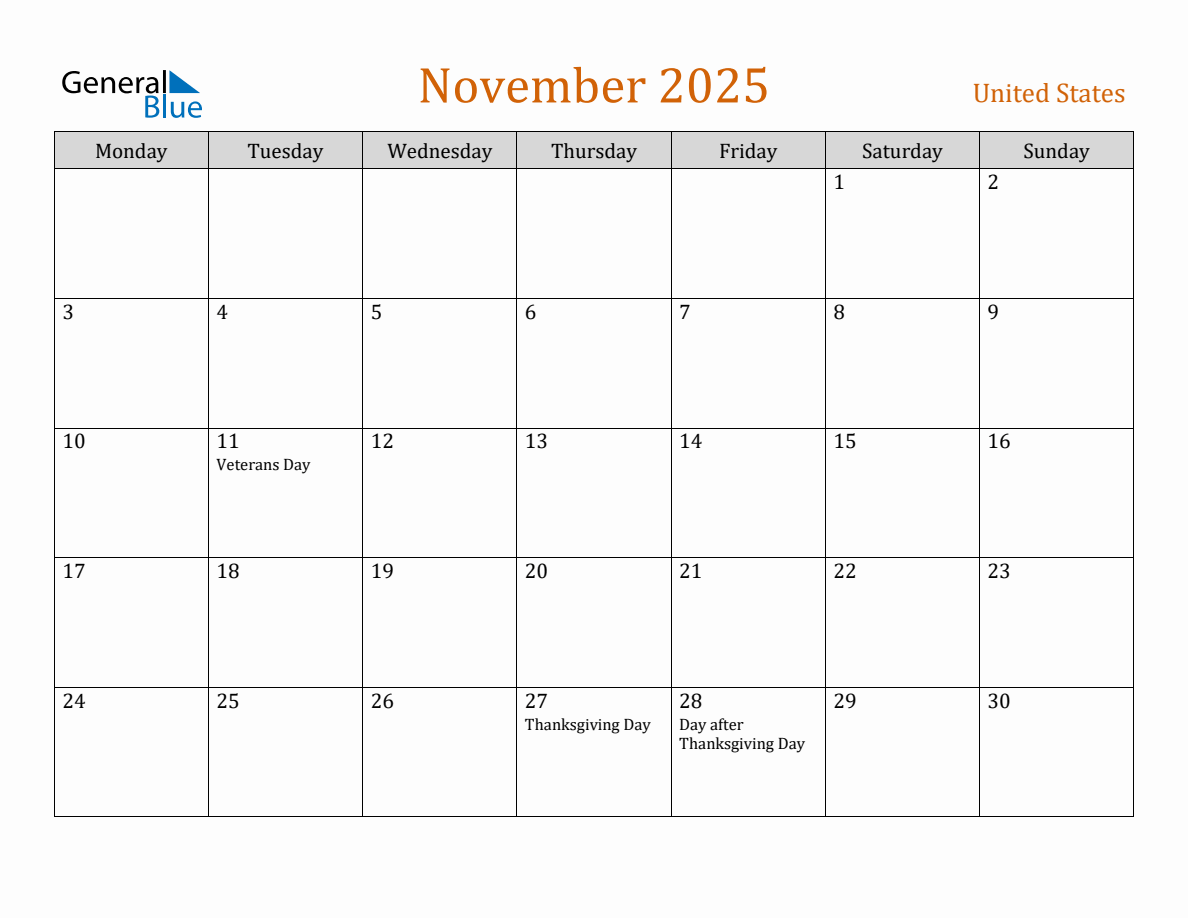 Free November 2025 United States Calendar (Monday Start)