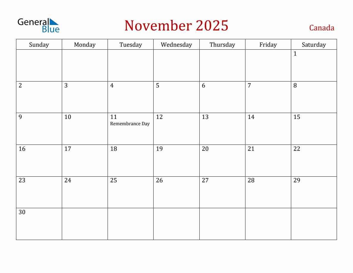 November 2025 Canada Monthly Calendar with Holidays