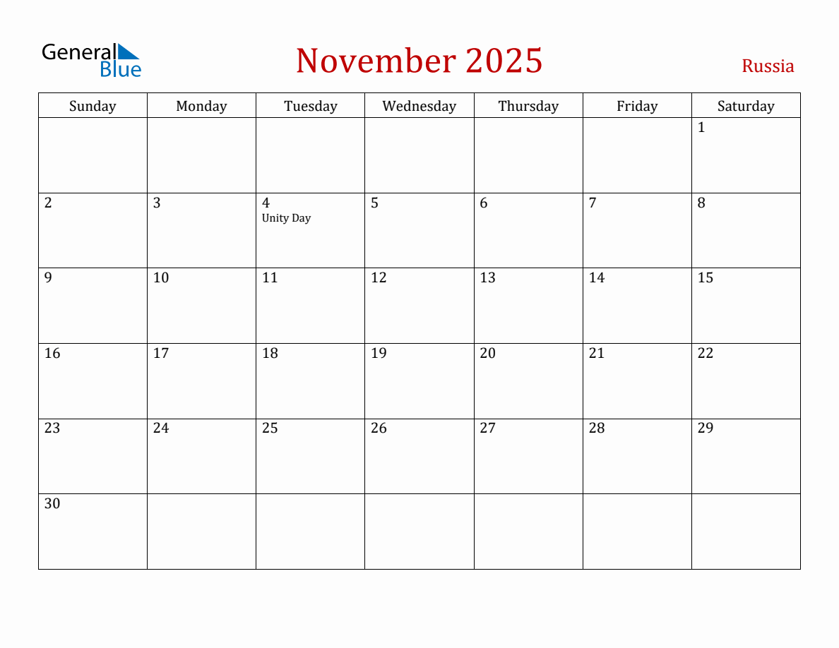 November 2025 Russia Monthly Calendar with Holidays