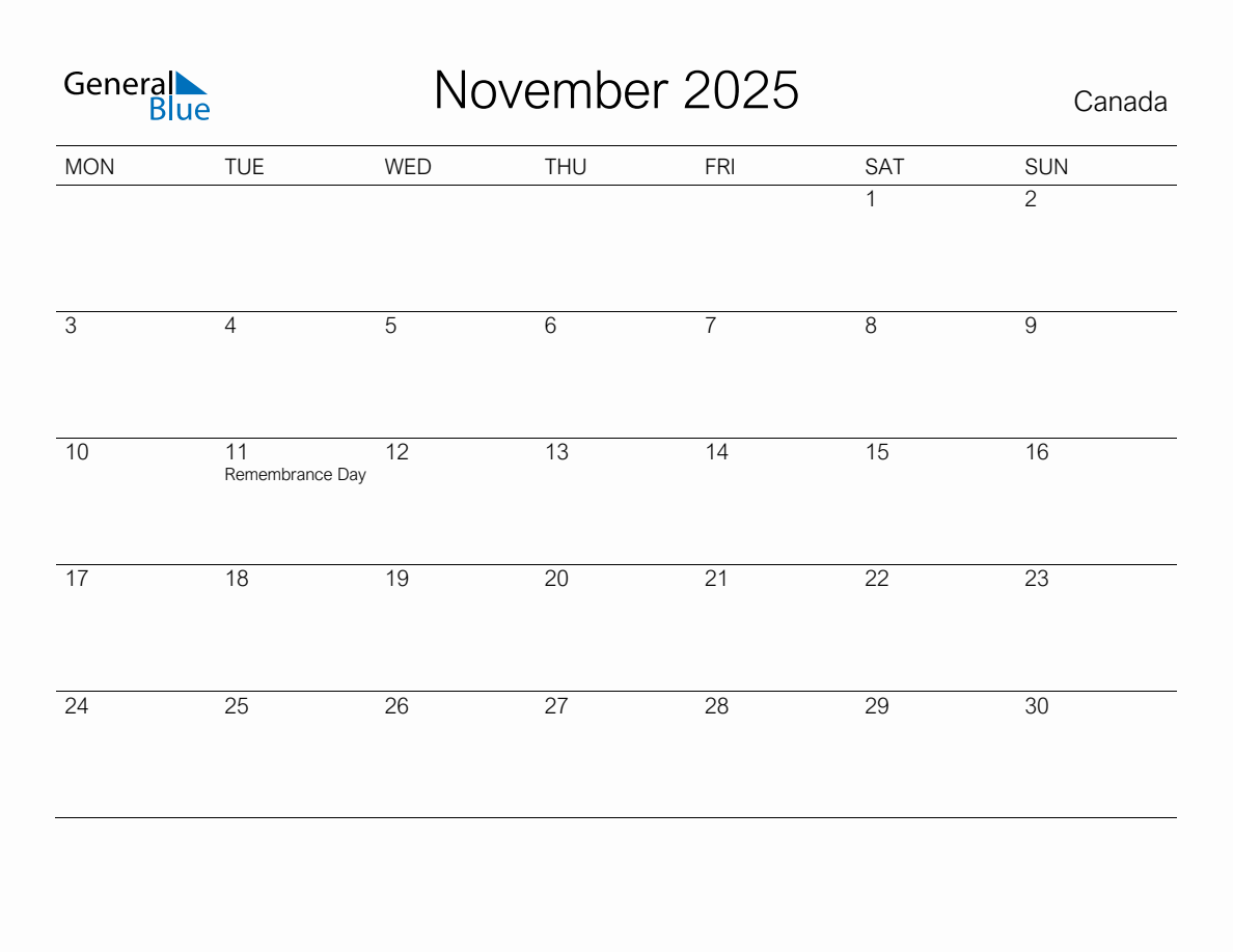 Printable November 2025 Monthly Calendar with Holidays for Canada ...